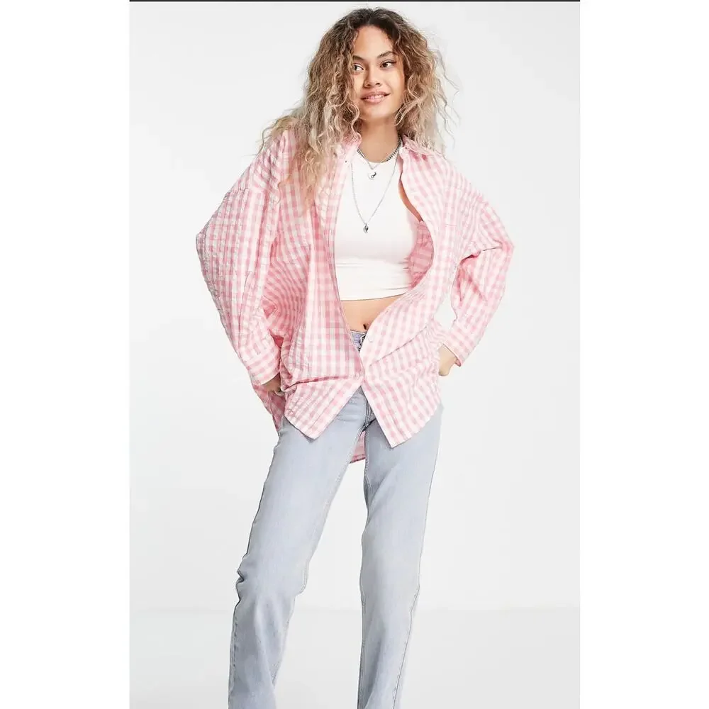 Topshop | Tops | Topshop Textured Gingham Oversized Shirt In Pink And ...